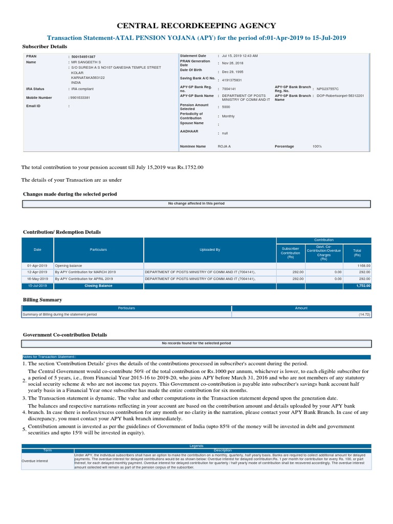 APY Pension Statement Summary | PDF | Financial Transaction | Banks