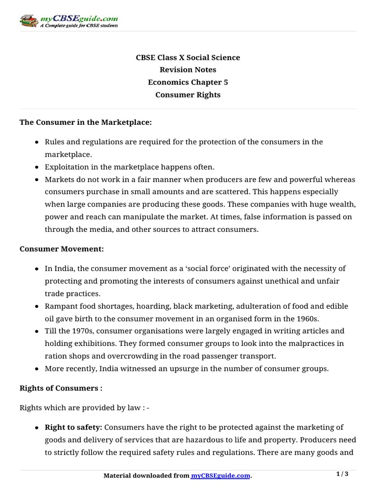 CBSE Class X Social Science Revision Notes Economics Chapter 5 Consumer ...