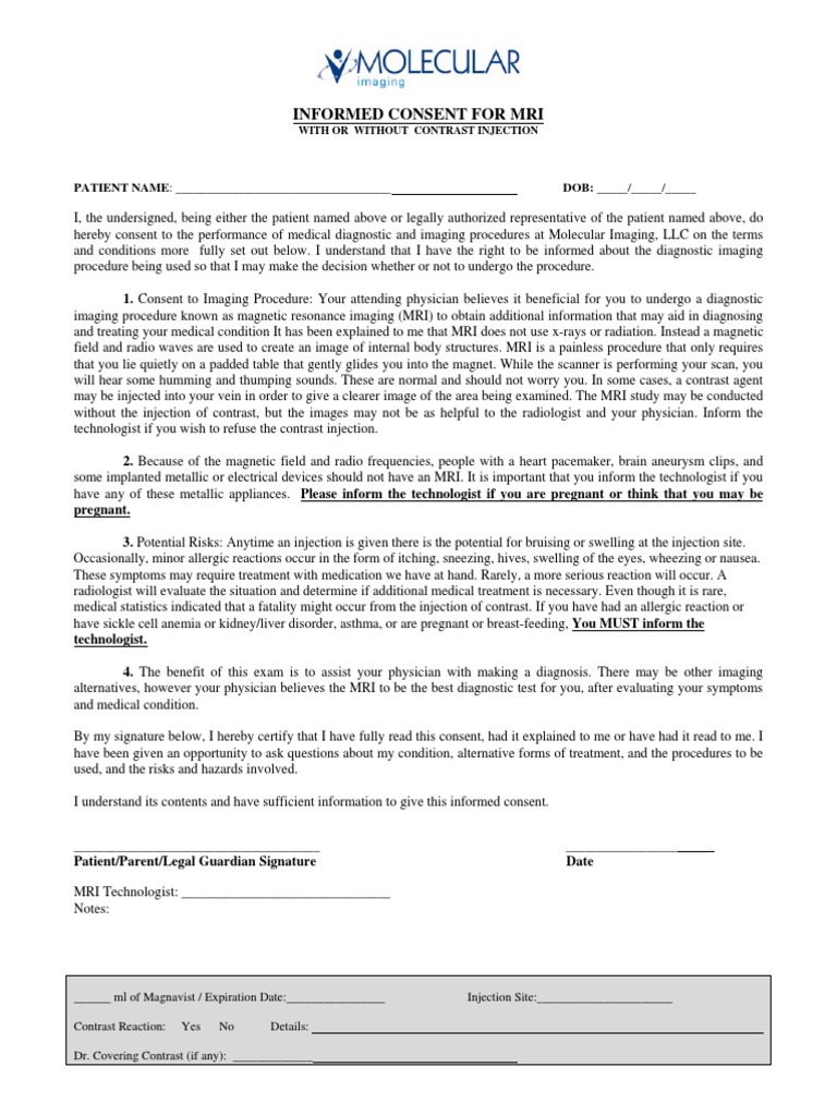 Informed Consent For Mri: PATIENT NAME | PDF | Medical Imaging ...