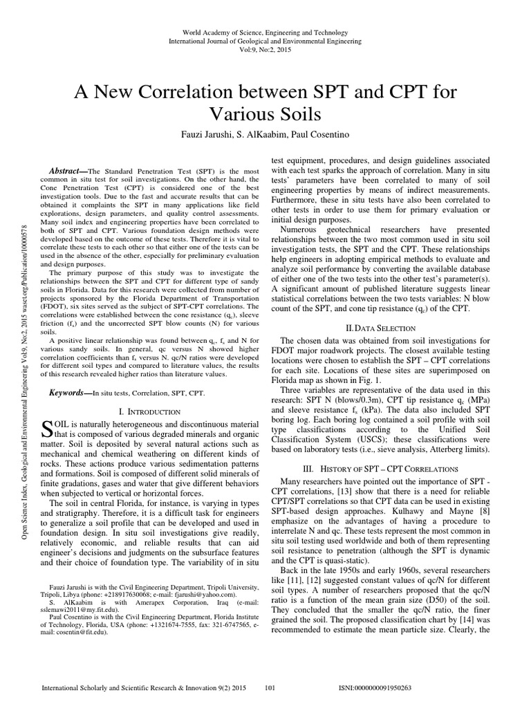A New Correlation Between SPT and CPT For Various Soils | PDF ...