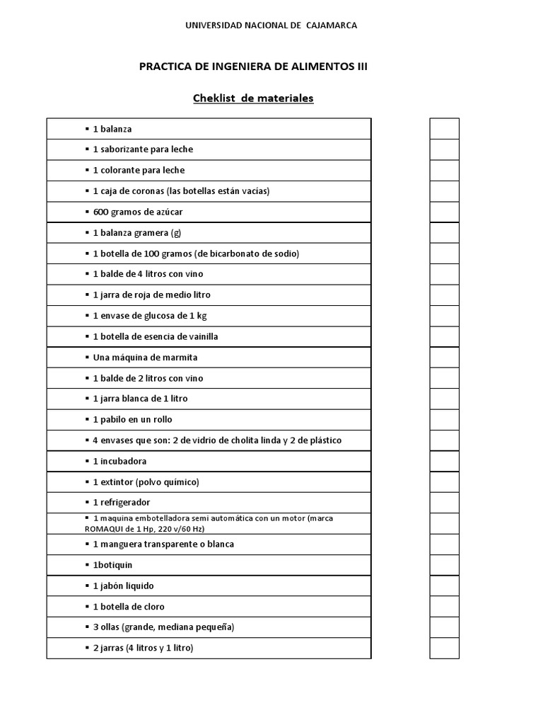 Checklist de Materiales para Práctica de Alimentos | PDF | Cocinando ...