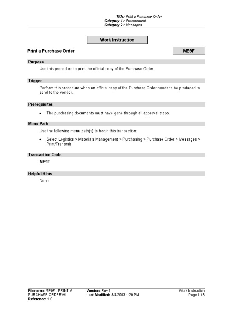 Work Instruction Print A Purchase Order Me9F: Purpose | PDF | Computing ...