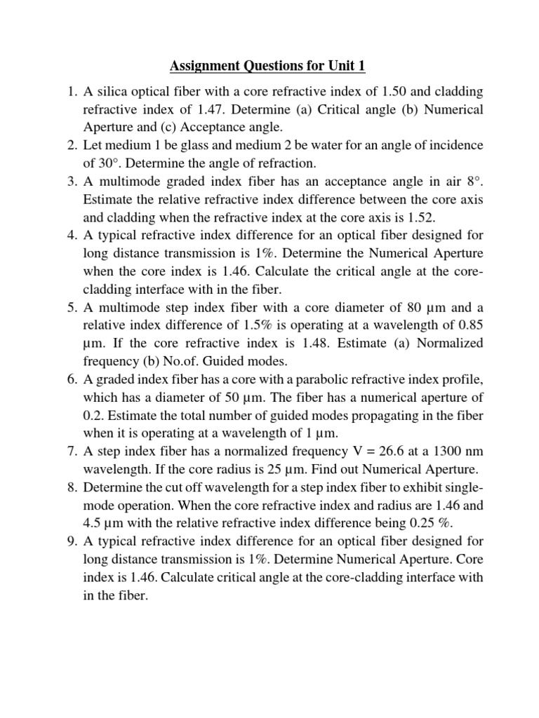 Optical Fiber Assignment Questions | PDF | Optical Fiber | Refractive Index