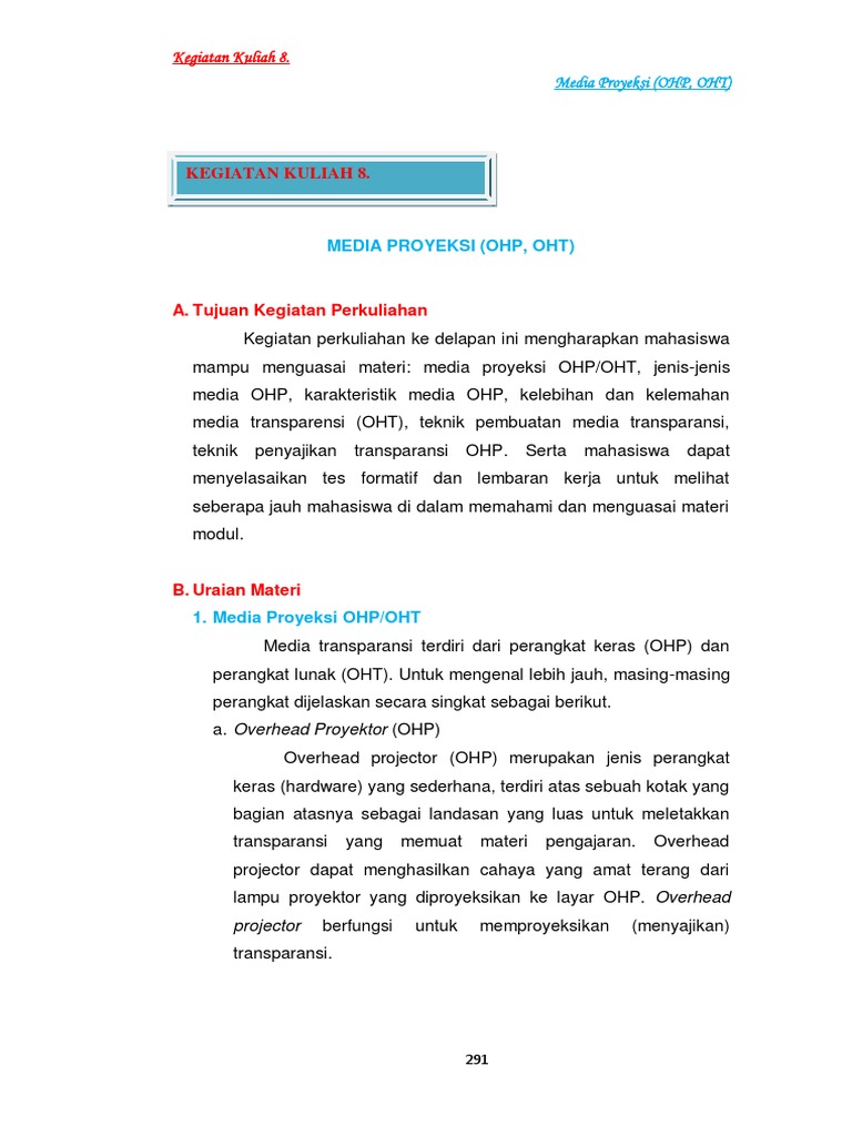 Kegiatan Kuliah 8. Media Proyeksi (Ohp - Oht) Ok | PDF