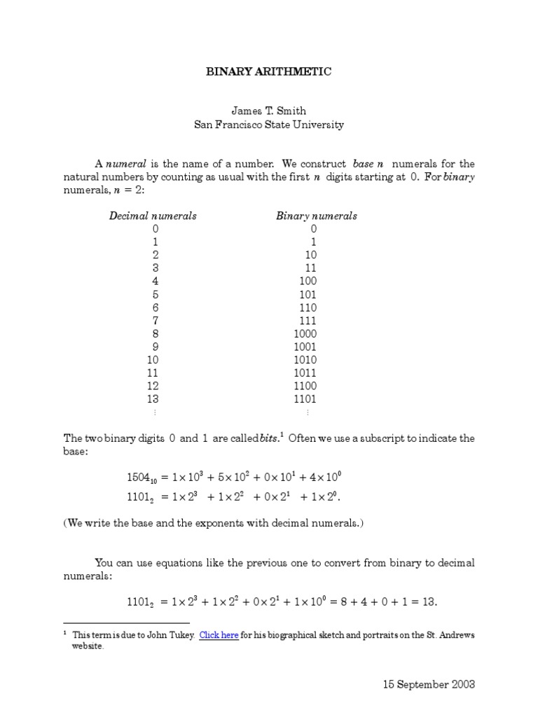 Lab03 Binaryarithmetic Pdf Division Mathematics Decimal