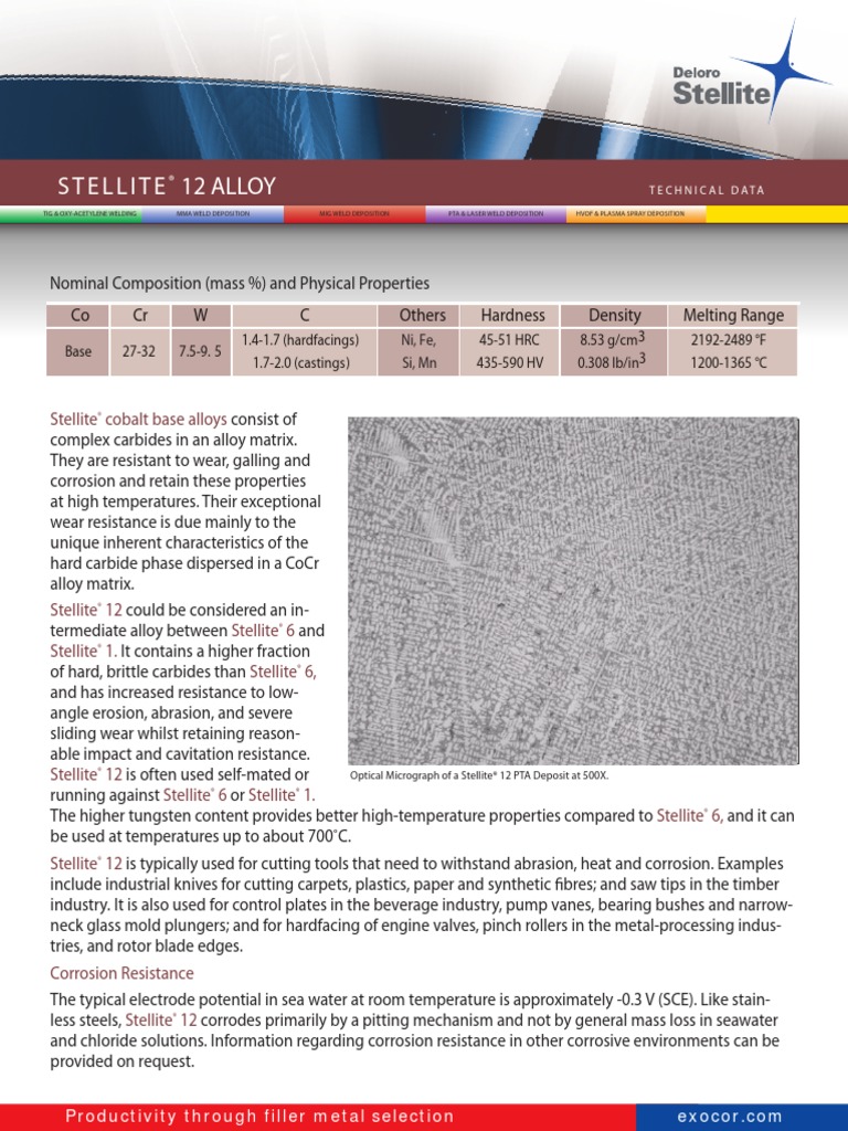 Stellite Grade 12-Datasheet | PDF | Tungsten | Ultimate Tensile Strength