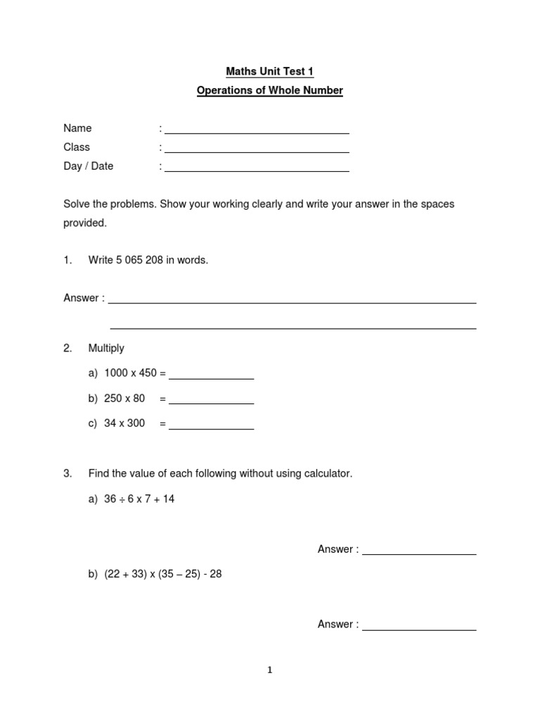 Grade 5 Whole Numbers Unit Test | PDF