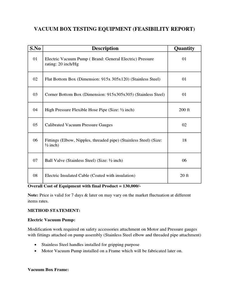 Vacuum Box Testing Equipment Report | PDF | Technology & Engineering