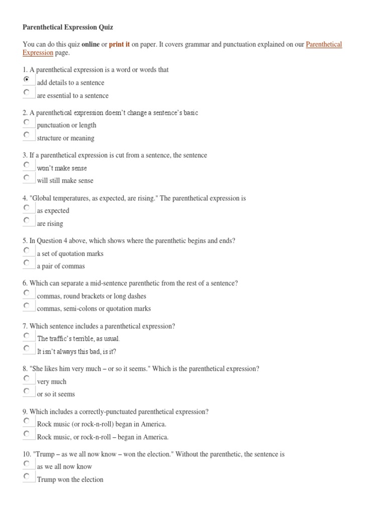 Parenthetical Expression Quiz | PDF | Comma | Bracket