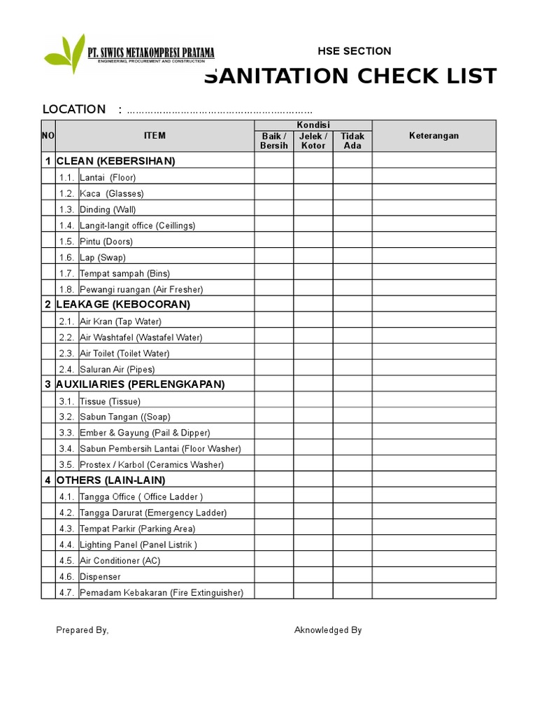 FRM-3064 (Sanitation Checklist) Oke | PDF