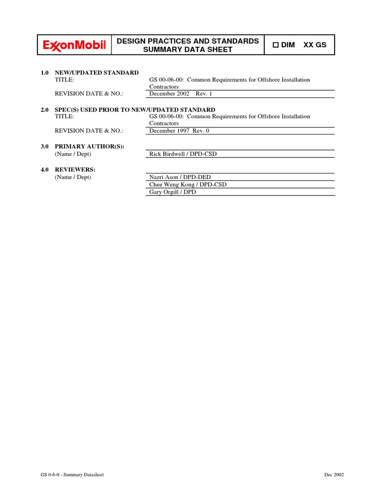 Design Practices and Standards Summary Data Sheet: 1.0 New/Updated ...