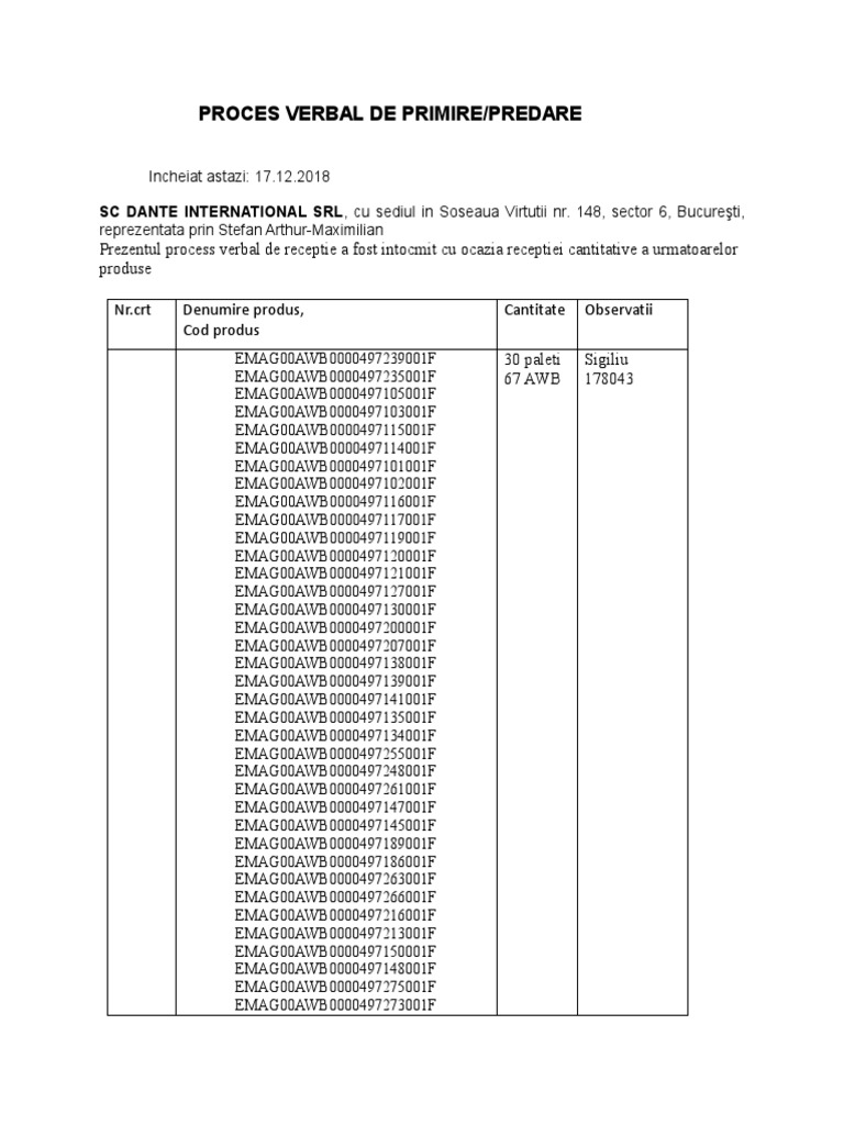 Proces Verbal de Primire/Predare | PDF