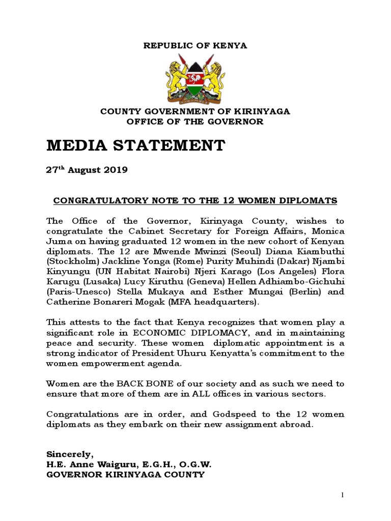 Congratulatory Note To The 12 Women Diplomats Final | PDF