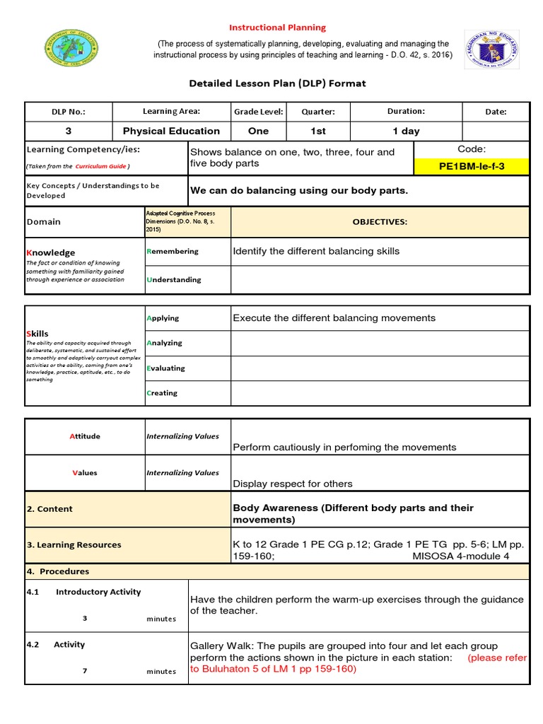 Detailed Lesson Plan (DLP) Format: 3 One 1st Physical Education 1 Day ...