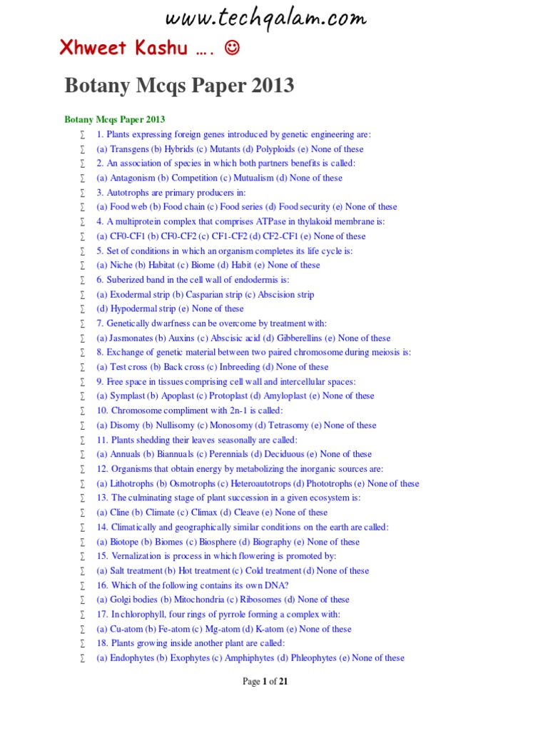Botany Mcqs Paper For Lecturers | PDF | Plant Stem | Stoma