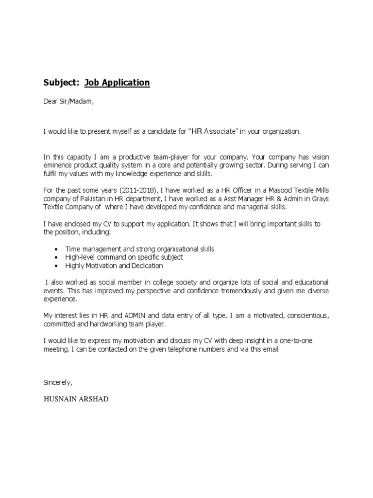 Subject: Job Application: HR Associate" | PDF