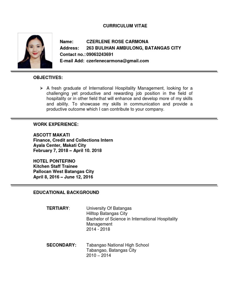 CV for Hospitality Graduate | PDF | Behavior Modification | Cognition