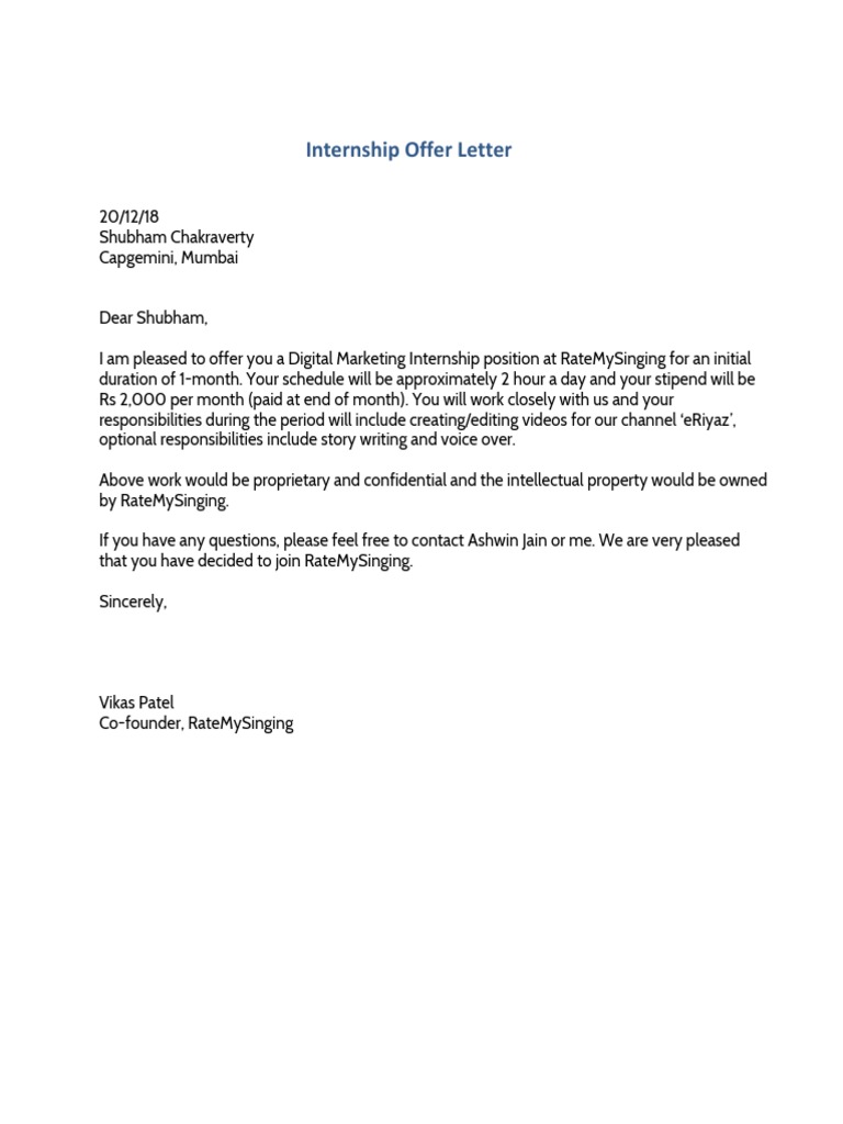 Internship Offer Letter Digital Marketing | PDF