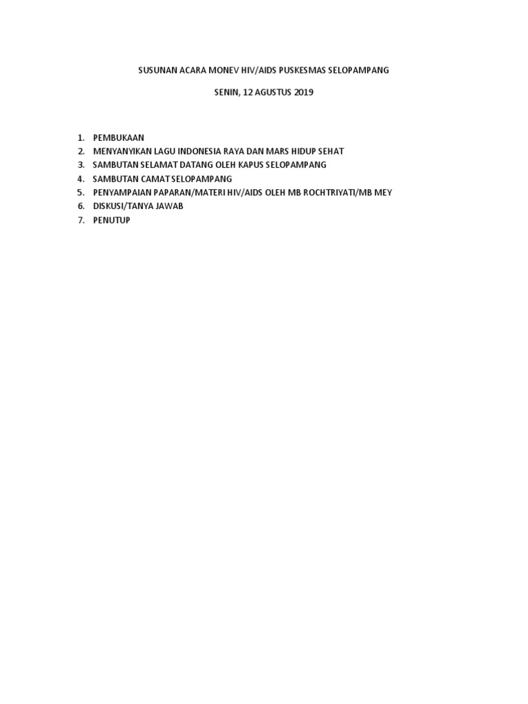 Susunan Acara Monev HIV/AIDS 2019 | PDF