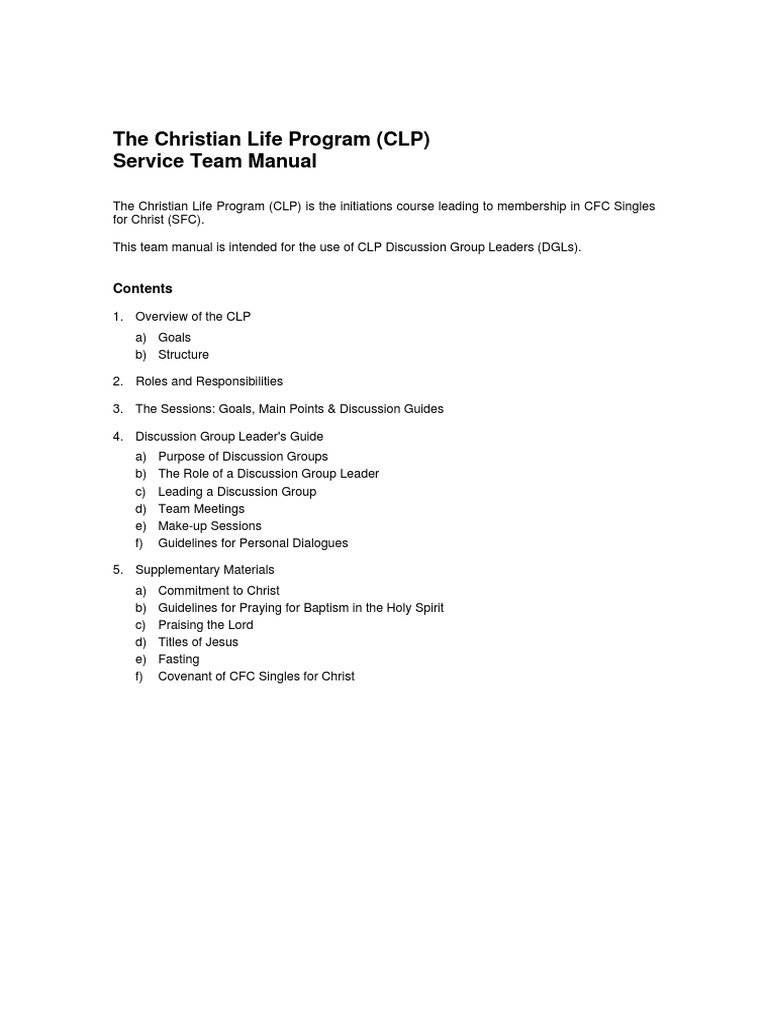 The Christian Life Program (CLP) Service Team Manual | PDF | Baptism ...