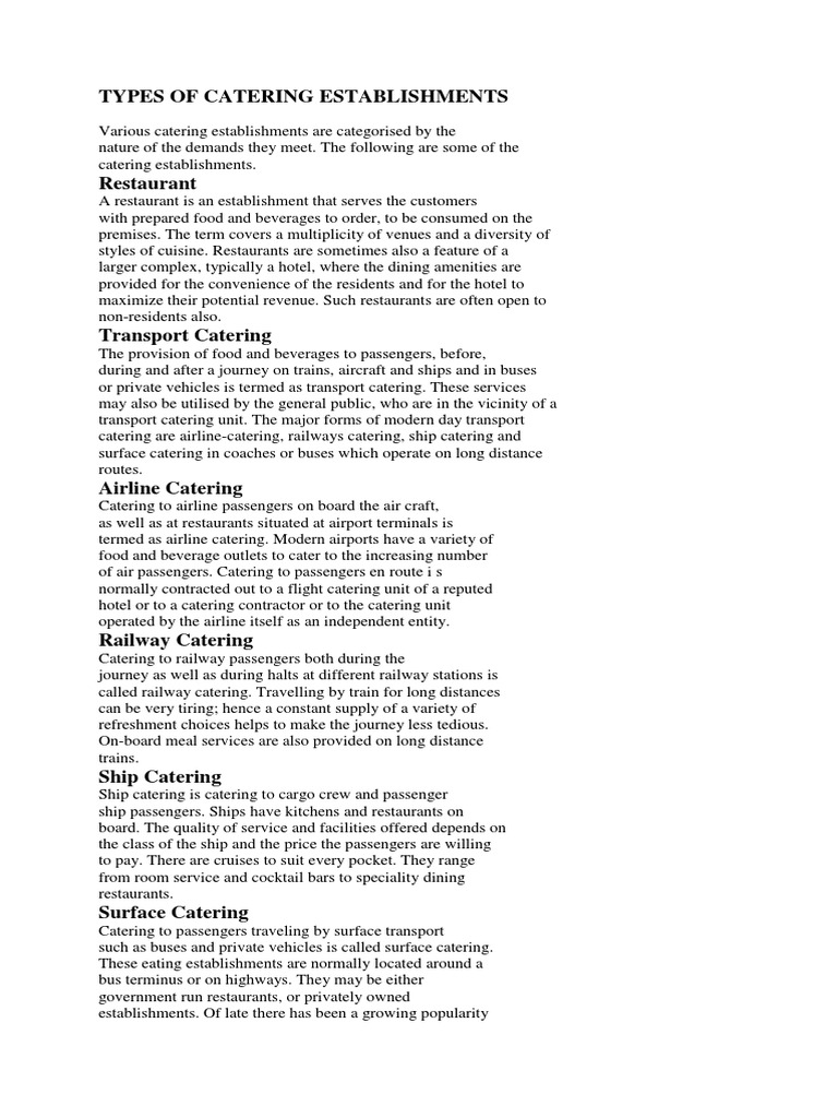 Types of Catering Establishments | PDF | Restaurants | Retail