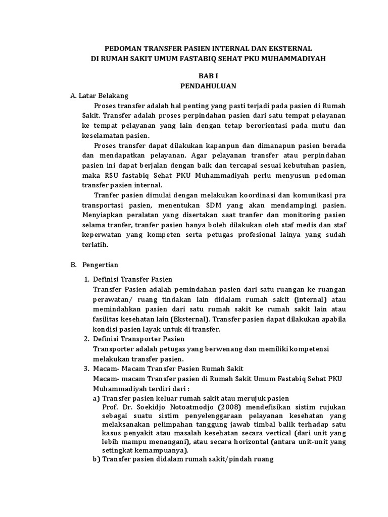 Pedoman Transfer Pasien Internal Dan Eksternal | PDF