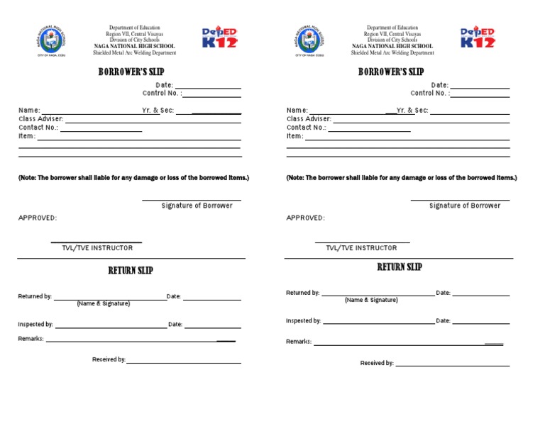 Borrower's Slip for Equipment from the Shielded Metal Arc Welding ...