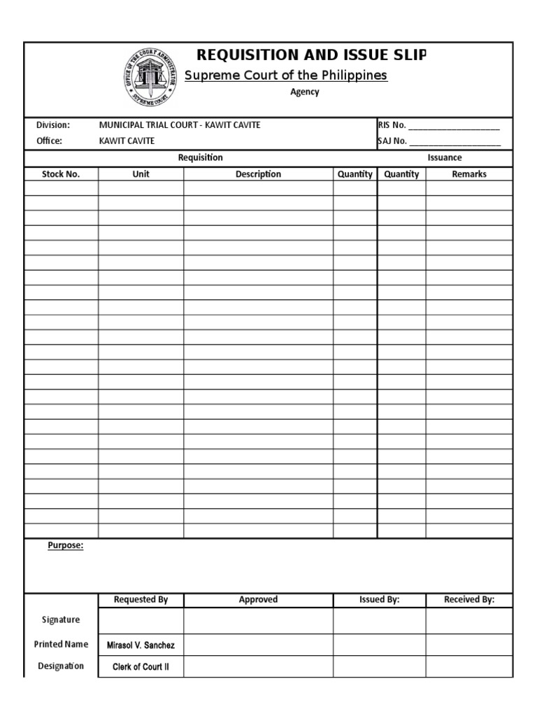 Court Supplies Requisition Slip Example | PDF