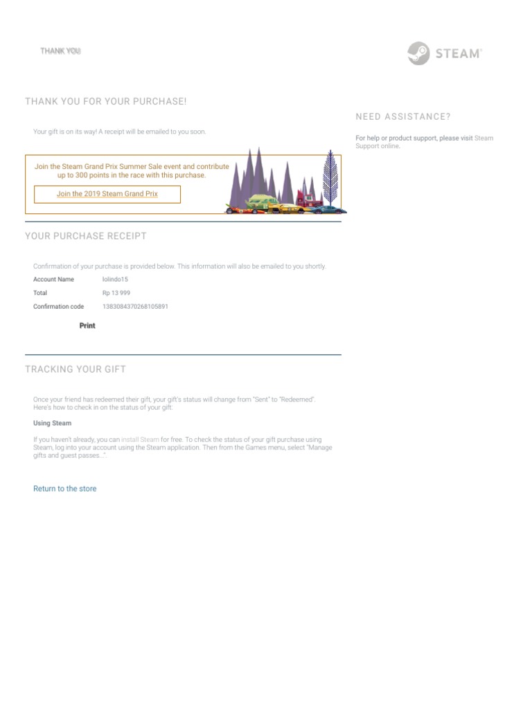 Expressing Gratitude: A Receipt and Guide for a Gift Purchase on Steam ...