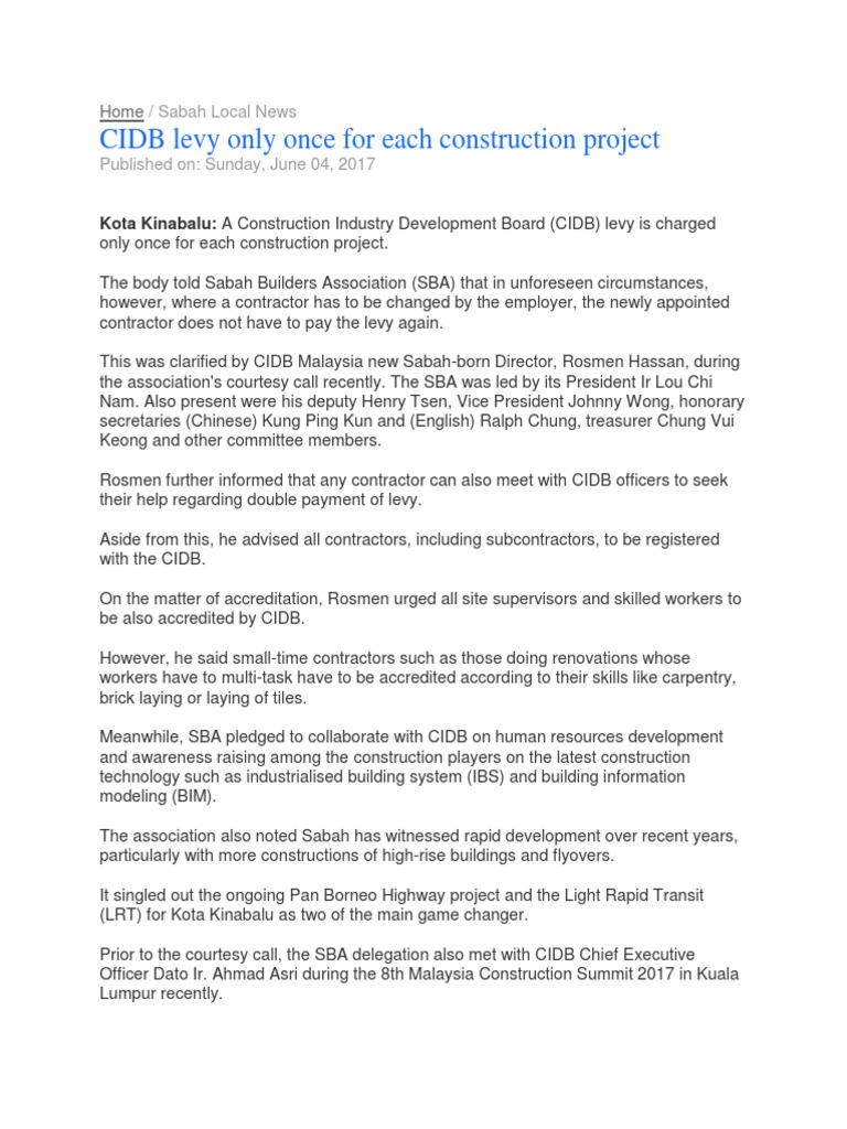 CIDB Levy Policy for Sabah Construction | PDF