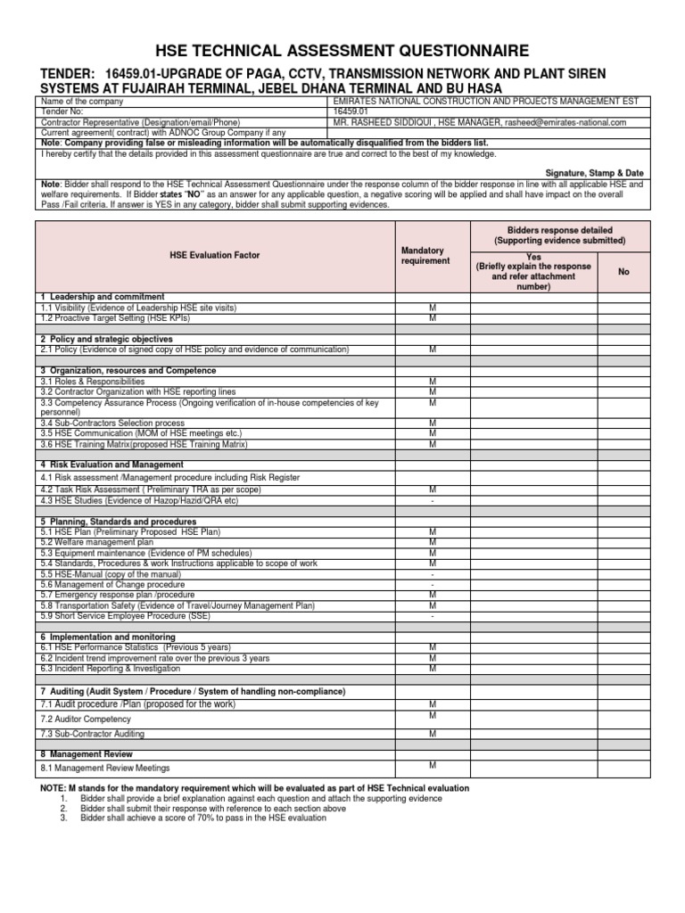 3_HSE Technical Assessment Questionnaire.docx | Risk Assessment | Business