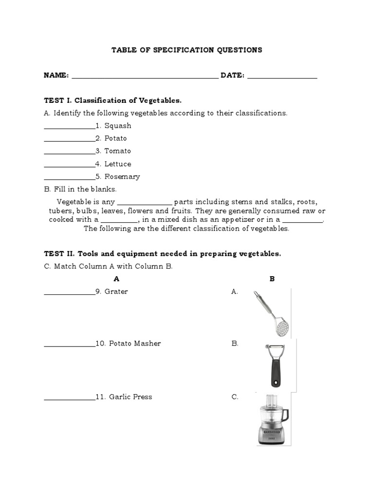 Table of Specification Answer Key: Vegetable Classification ...