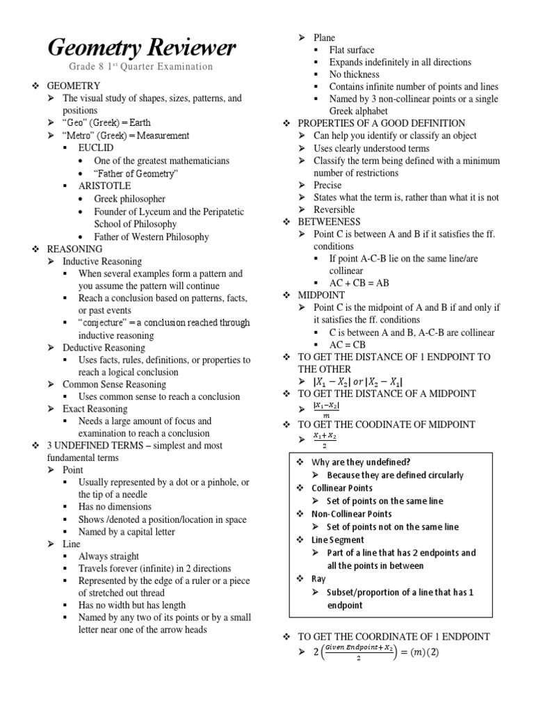 Geometry Reviewer: Grade 8 1 Quarter Examination | PDF | Angle | Line ...