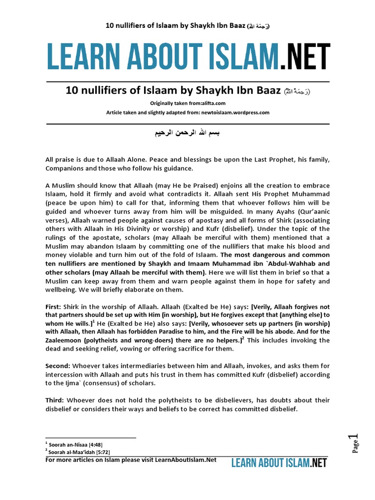 10 Nullifiers of Islaam by Shaykh Ibn Baaz | PDF | Kafir | Muhammad