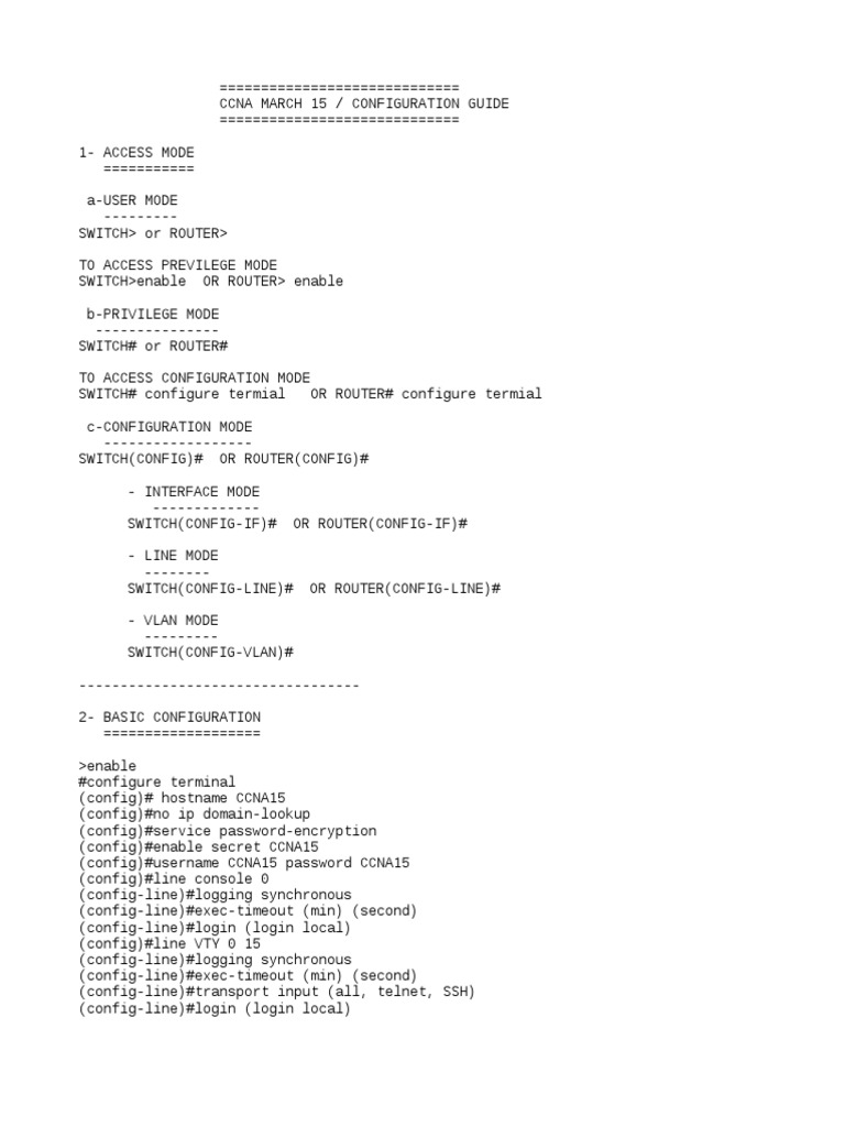 Ccna - Configuration Guide | PDF | Network Switch | Internet Architecture