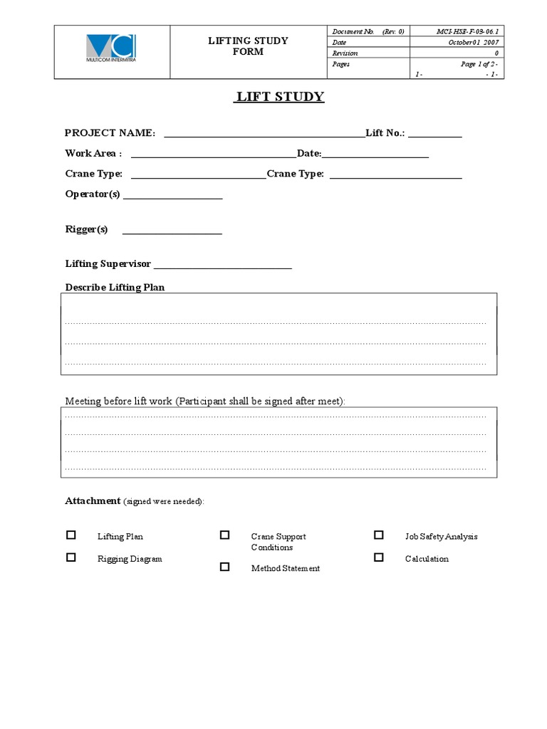 Lift Study: Project Name Lift No.: Work Area Date Crane Type: Operator ...