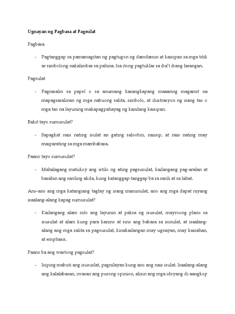 Ugnayan NG Pagbasa at Pagsulat | PDF