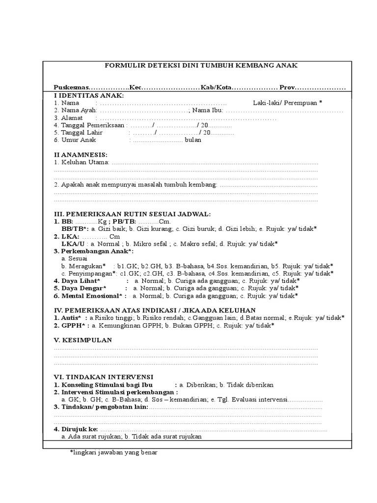 Formulir Deteksi Dini Tumbuh Kembang Anak | PDF