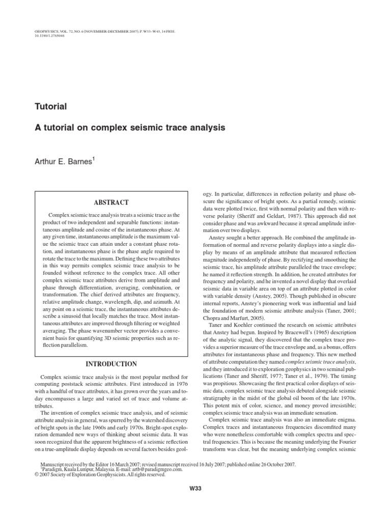 Tutorial A Tutorial On Complex Seismic Trace Analysis: Arthur E. Barnes ...