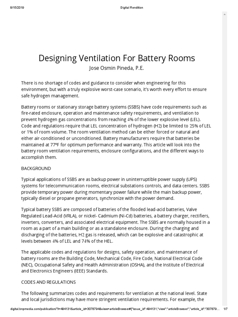 Ventilation Design Consideration For Battery Room | Download Free PDF ...