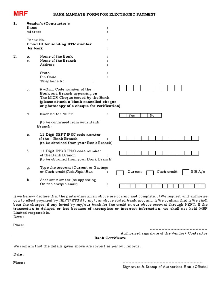 Bank Mandate Form For Electronic Payment 1. Vendor's/Contractor's | PDF ...