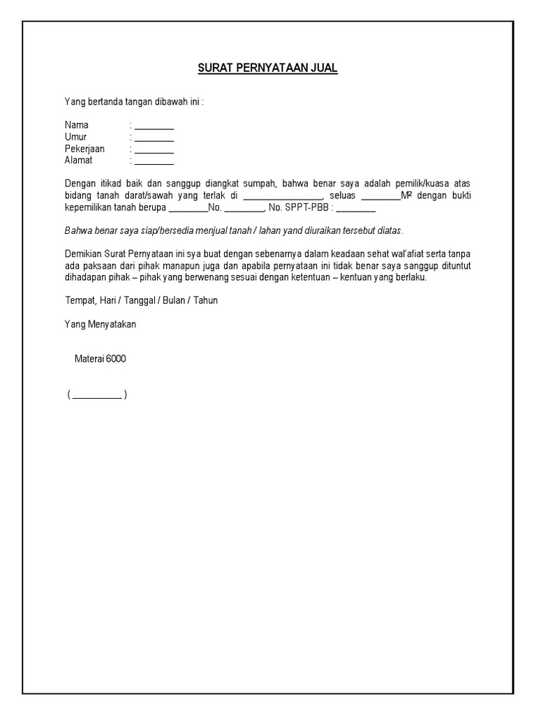 SPJ Surat Pernyataan Jual CONTOH | PDF