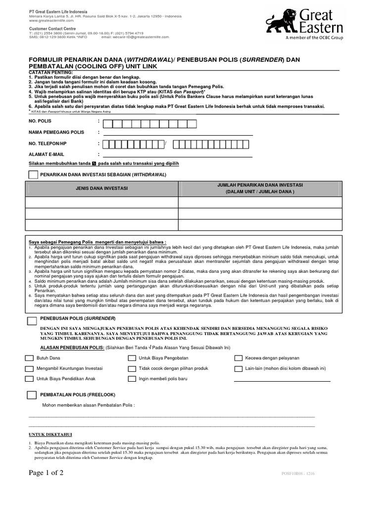 Form Withdrwal - Surrender - Cooling - Off Unit Link Posf010r07-1216 | PDF