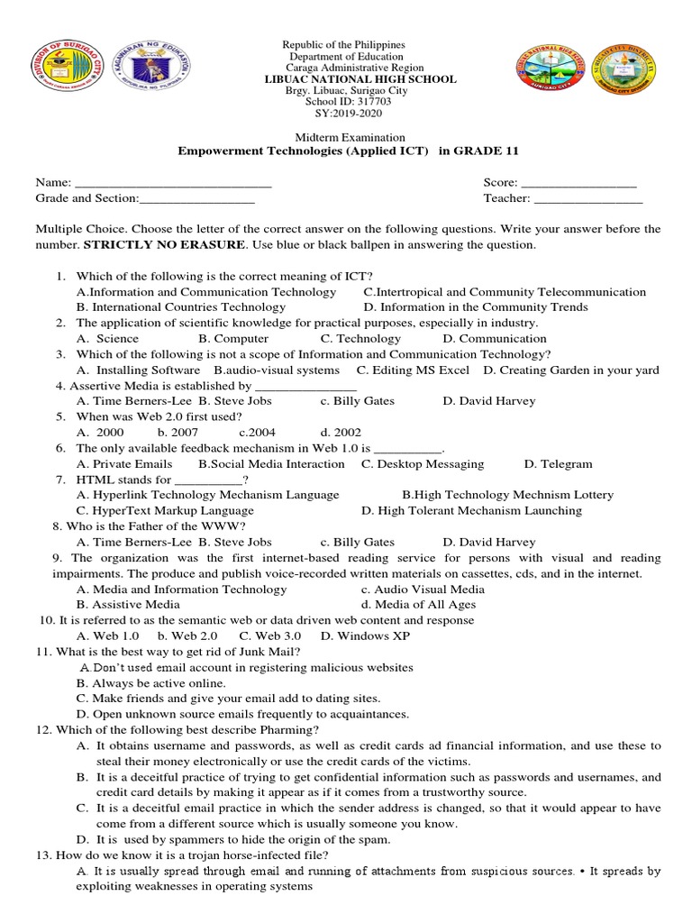 Empowerment Technologies (Applied ICT) in GRADE 11: Midterm Examination ...