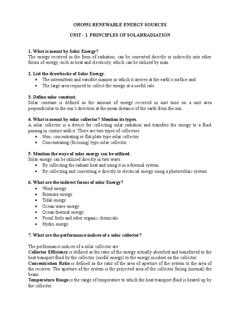 Oro551 Renewable Energy Sources Question Bank | PDF | Solar Energy ...