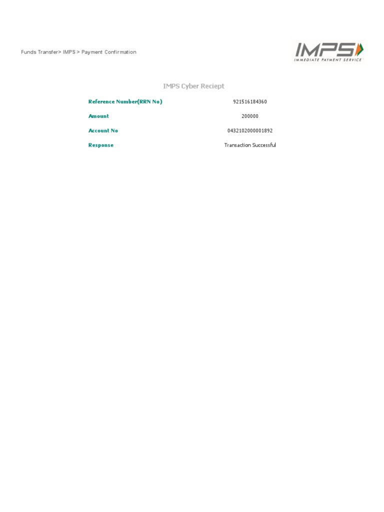 IMPS Cyber Reciept: Reference Number (RRN No) Amount Account No ...