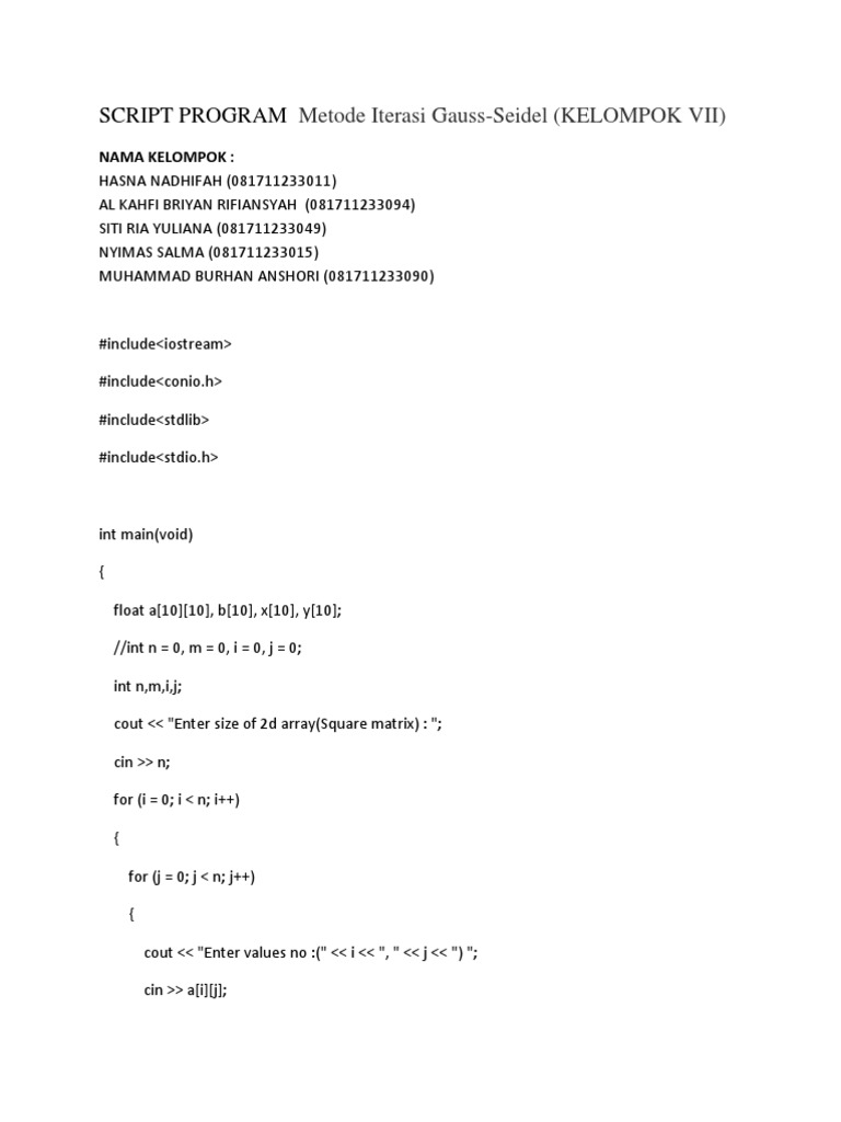 SCRIPT PROGRAM Metode Iterasi Gauss Seidel | PDF