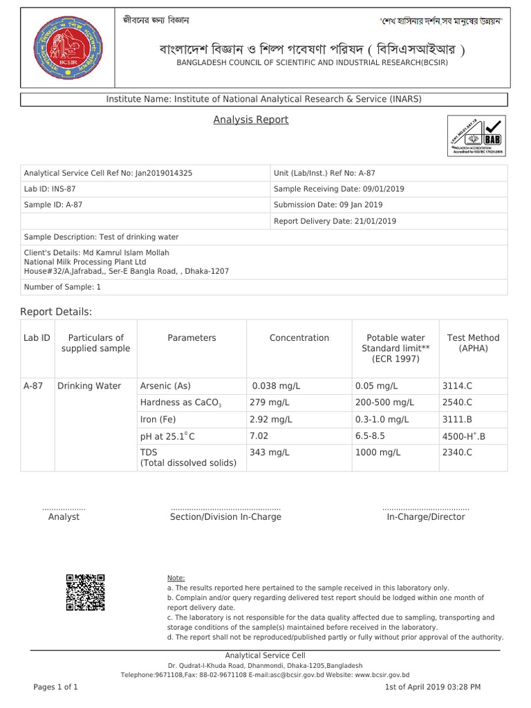 Water Test Report | PDF | Drinking Water | Laboratories