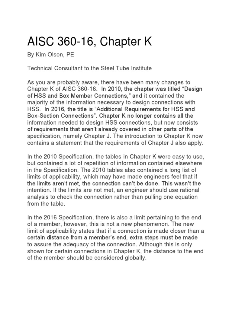AISC 360-16 Chapter K Updates Explained | PDF