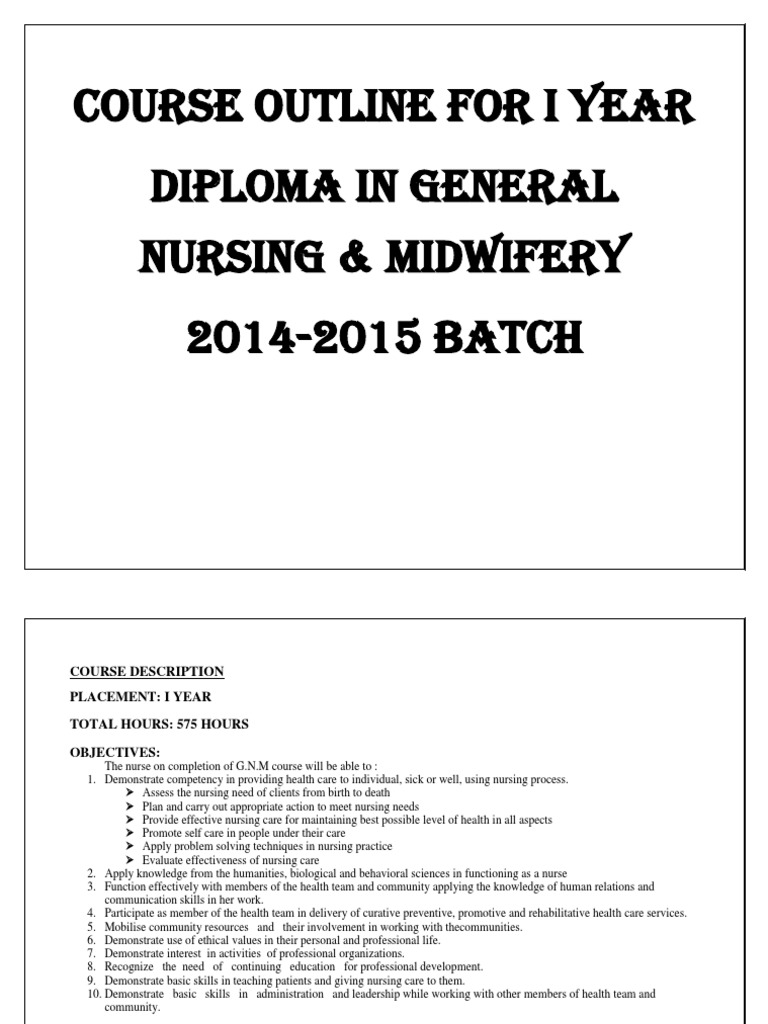 A Comprehensive First Year Course Outline for the Diploma in General Nursing and Midwifery ...